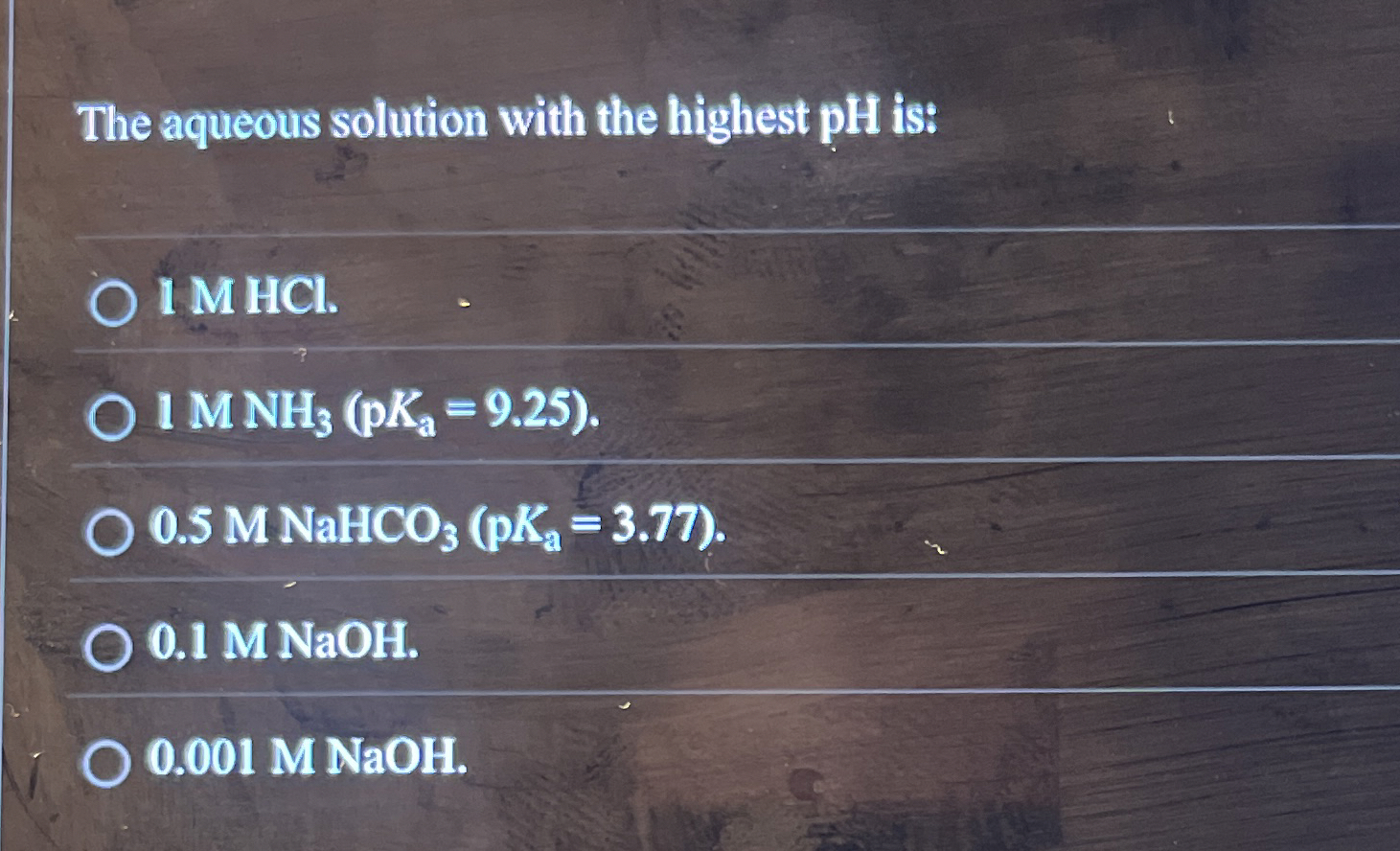 Solved The aqueous solution with the highest pHI is:1 ﻿MHCl | Chegg.com
