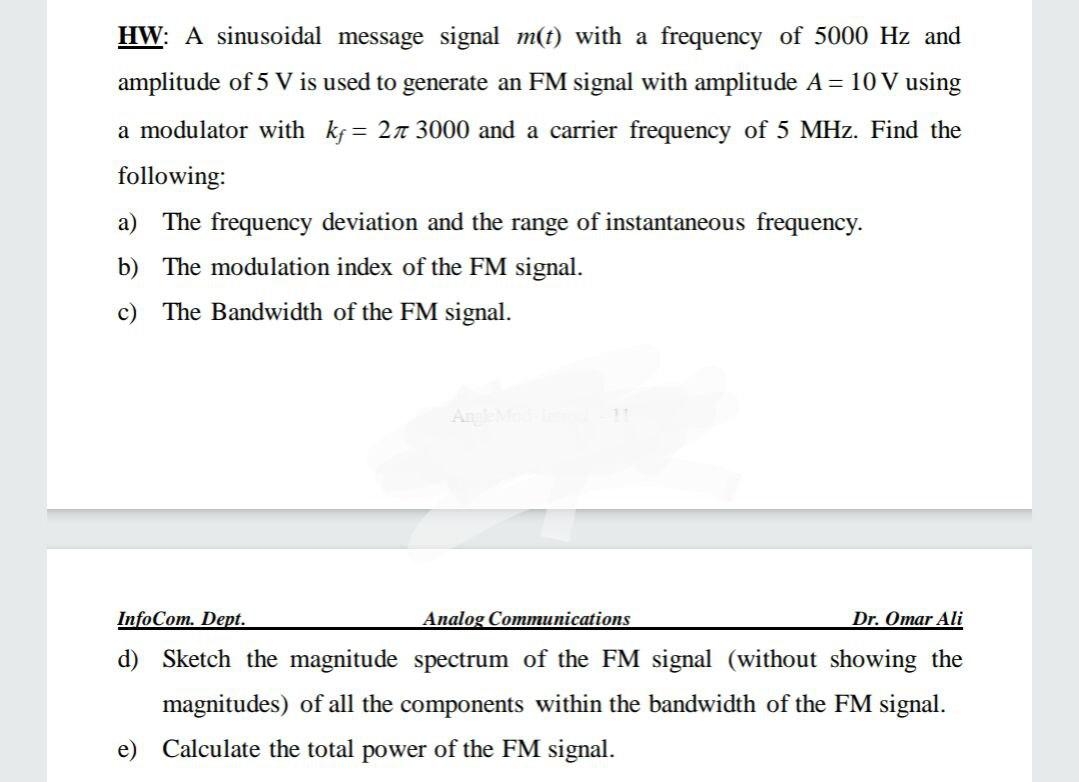 Solved HW: A sinusoidal message signal m(t) with a frequency | Chegg.com