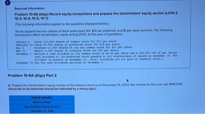 Solved Required information Problem 10-6A (Algo) Record | Chegg.com