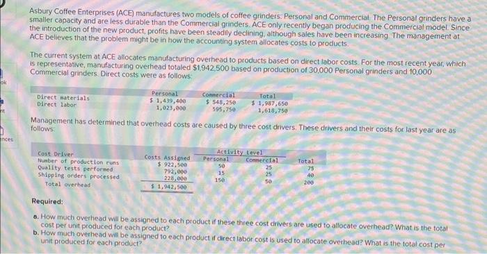 Solved Asbury Coffee Enterprises (ACE) manufactures two | Chegg.com