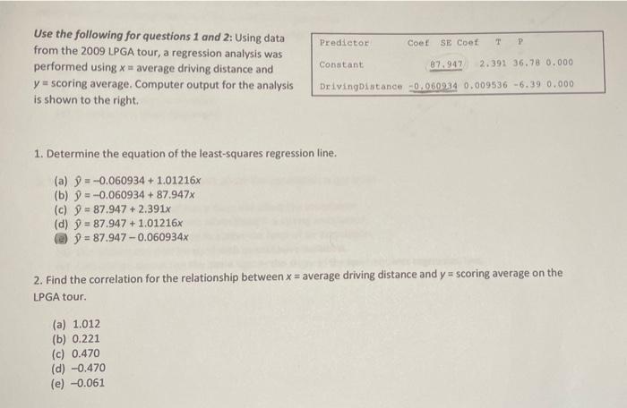 Solved Predietor Coef SE Coef T P Use the following for | Chegg.com
