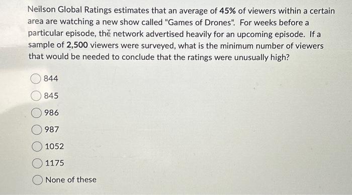 Solved Neilson Global Ratings estimates that an average of | Chegg.com