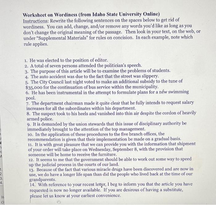 Solved Worksheet on Wordiness (from Idaho State University | Chegg.com