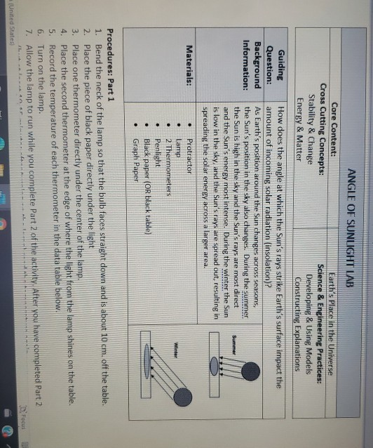 Solved ANGLE OF SUNLIGHT LAB Core Content: Earth's Place in | Chegg.com