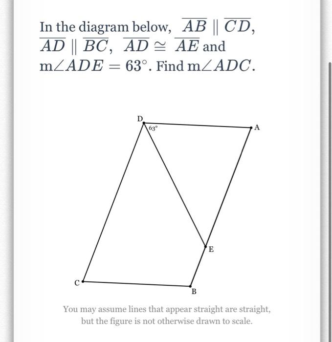 Solved In the diagram below, AB∥CD, AD∥BC,AD≅AE and | Chegg.com