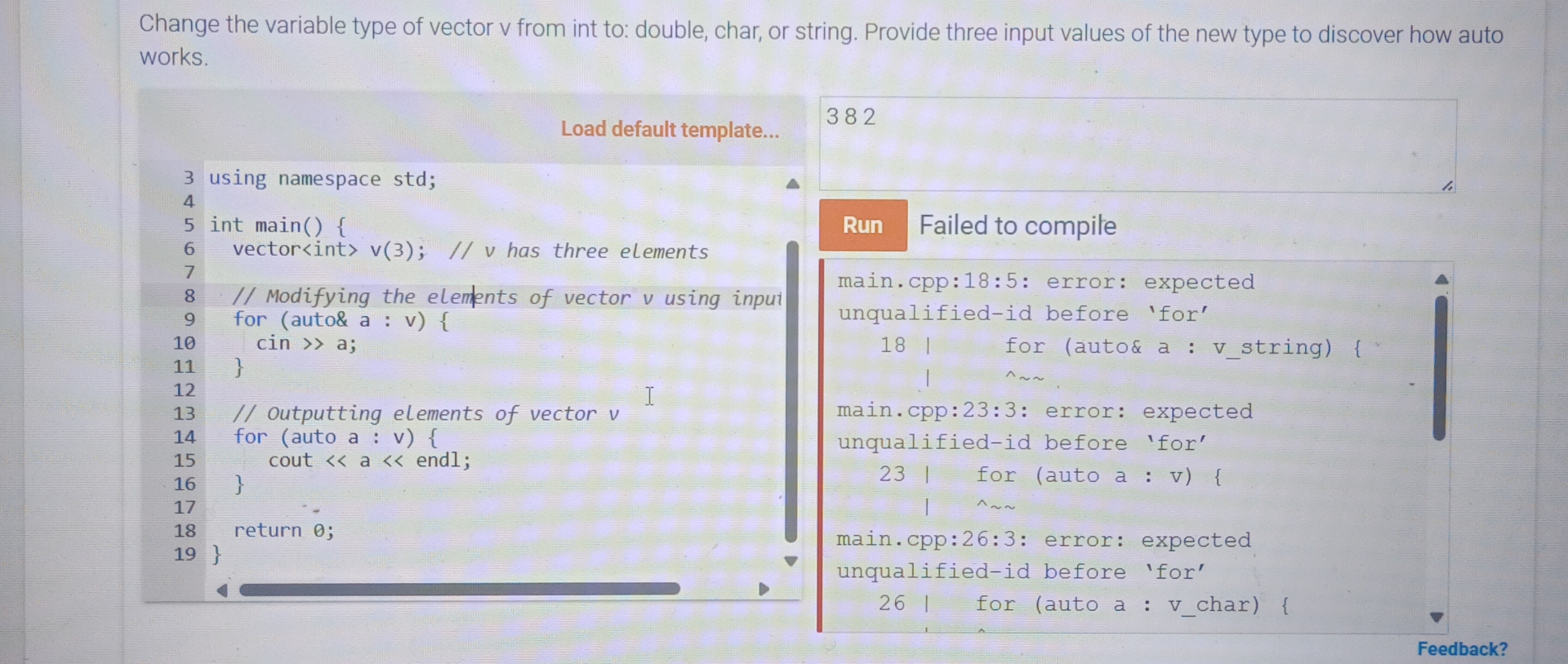 Solved Change the variable type of vector v ﻿from int to: | Chegg.com