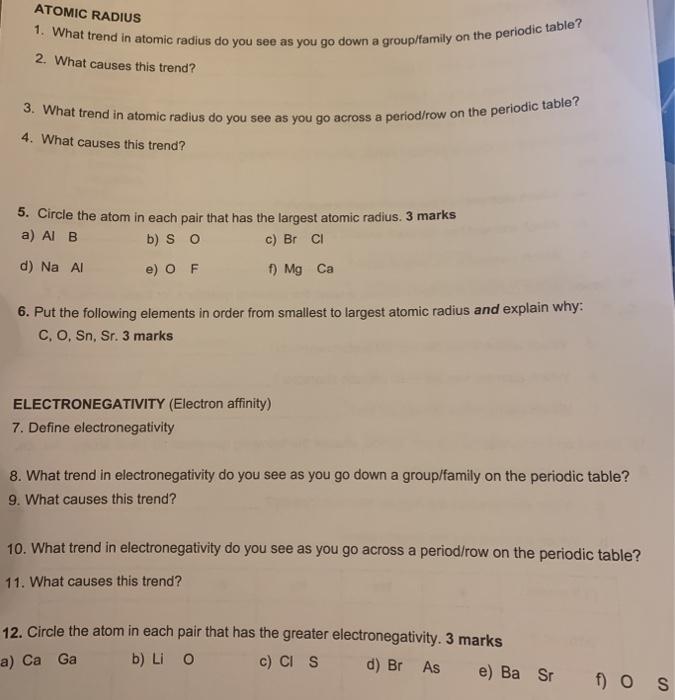 Solved ATOMIC RADIUS 1. What trend in atomic radius do you | Chegg.com