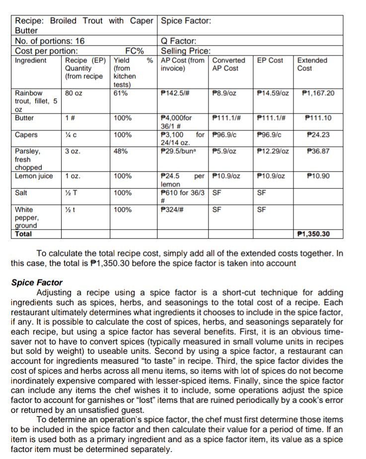 Example of Costing Sheet - EP Quantities, Yield | Chegg.com