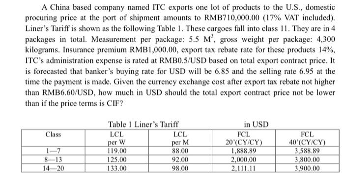 Solved A China based company named ITC exports one lot of | Chegg.com