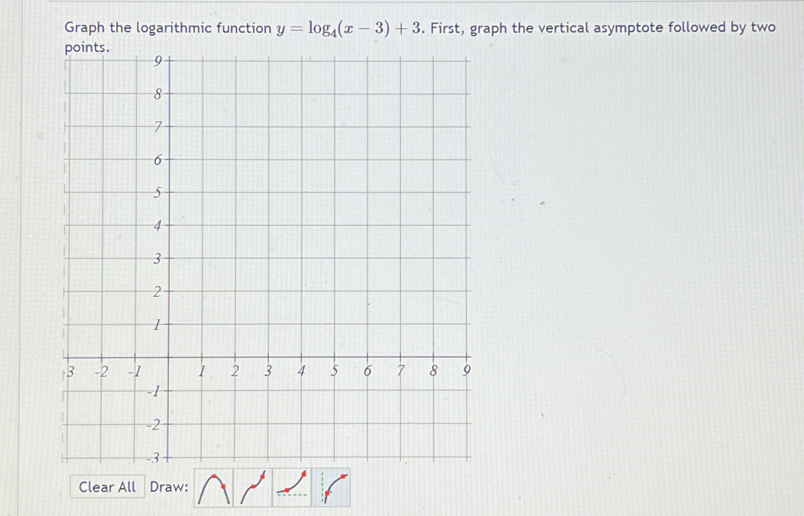 Solved Graph the logarithmic function y=log4(x-3)+3. ﻿First, | Chegg.com