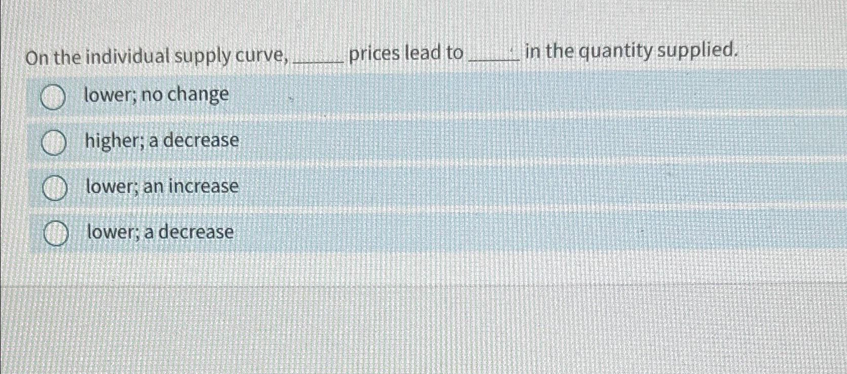 Solved On the individual supply curve, prices lead to in the | Chegg.com