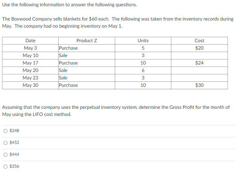 Solved Use the following information to answer the following | Chegg.com