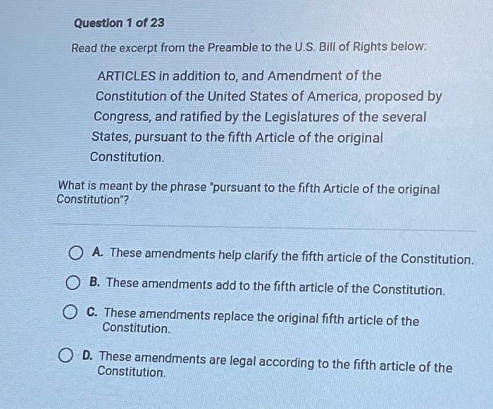 Question 1 of 23 Read the excerpt from the Preamble | Chegg.com