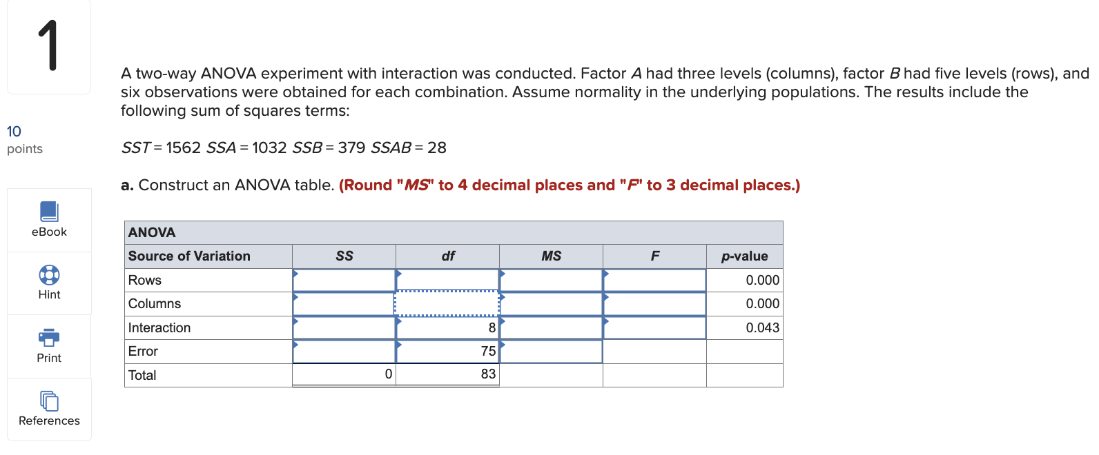 Solved A two-way ANOVA experiment with interaction was | Chegg.com