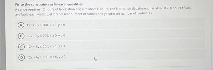 Solved Write the constraints as linear inequalities. A canoe | Chegg.com