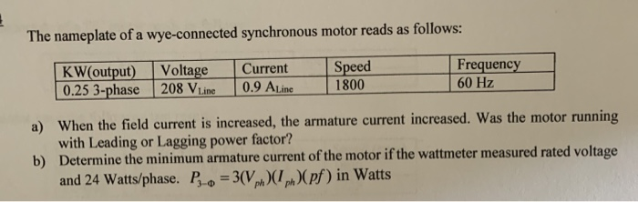 Solved The nameplate of a wye-connected synchronous motor | Chegg.com