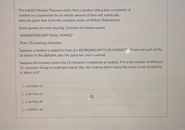 Solved The Infinite Monkey Theorem states that a monkey | Chegg.com