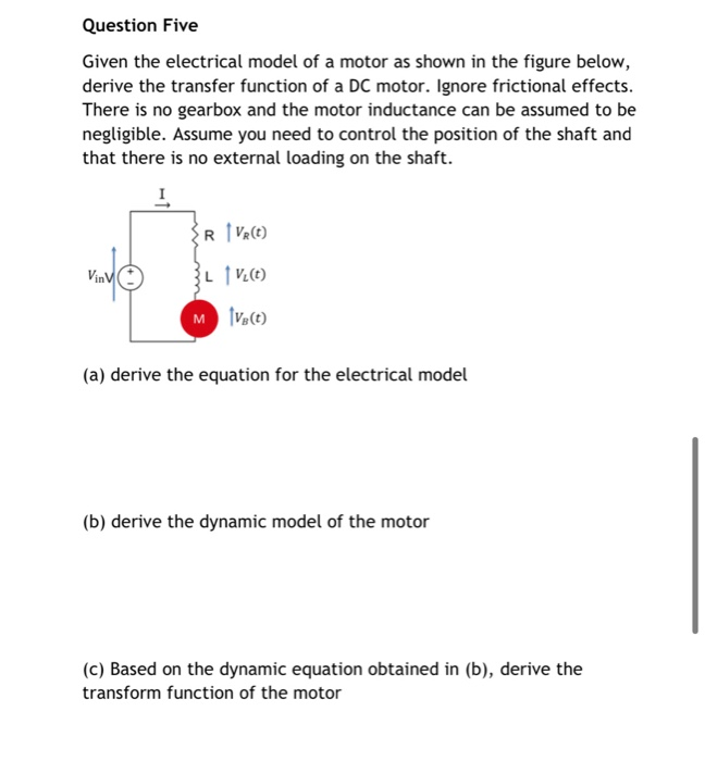 Question Five Given the electrical model of a motor | Chegg.com