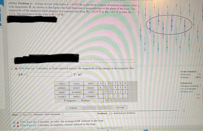 Solved 33 Problem 1 A Loop Of Wire With Radius R 0 055