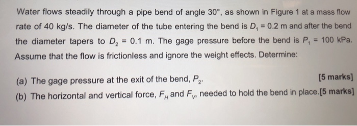 Solved Water flows steadily through a pipe bend of angle | Chegg.com