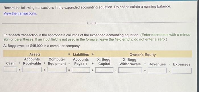 Solved Record the following transactions in the expanded | Chegg.com