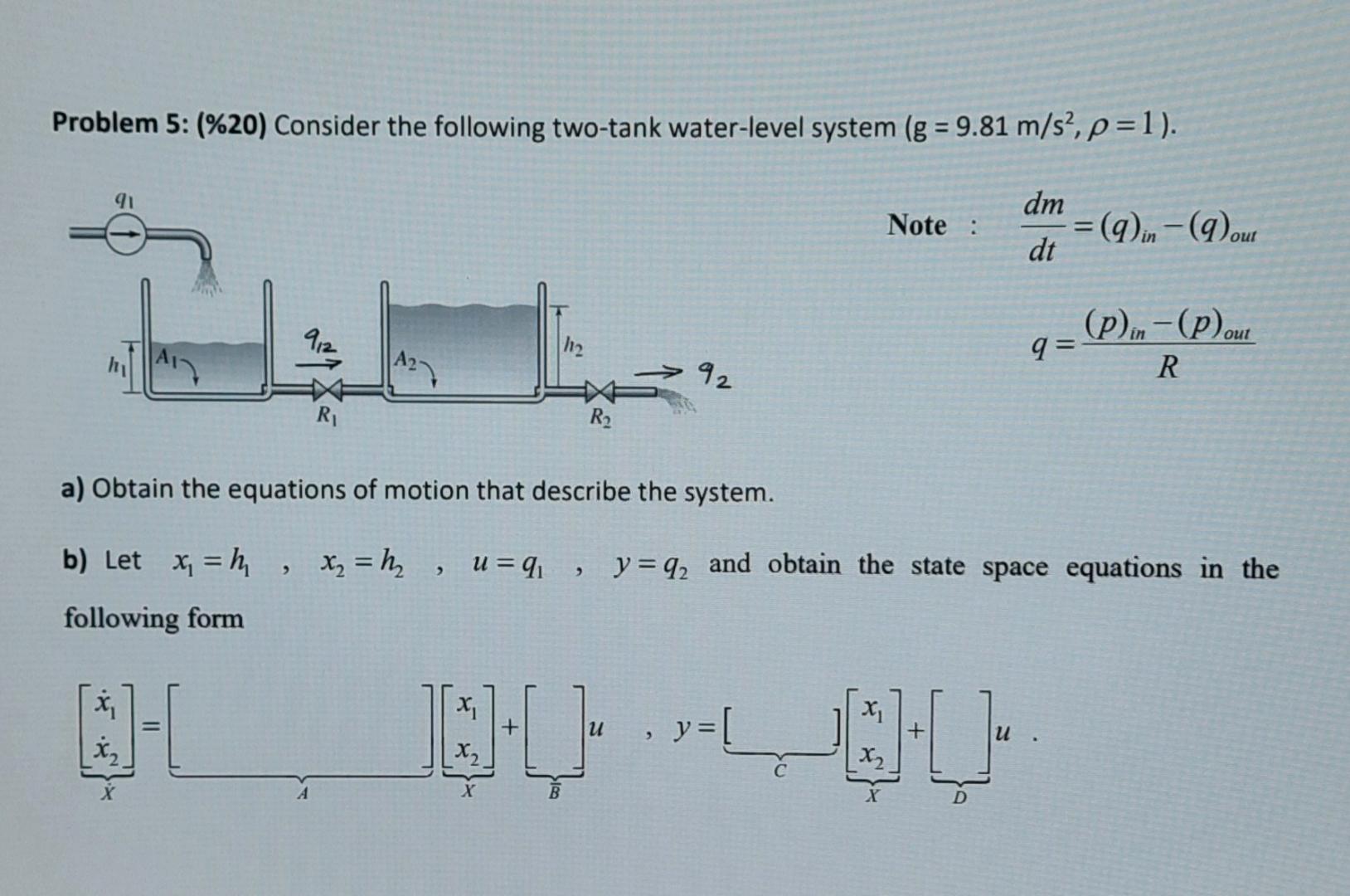 Problem 5: (%20) ﻿Consider the following two-tank | Chegg.com