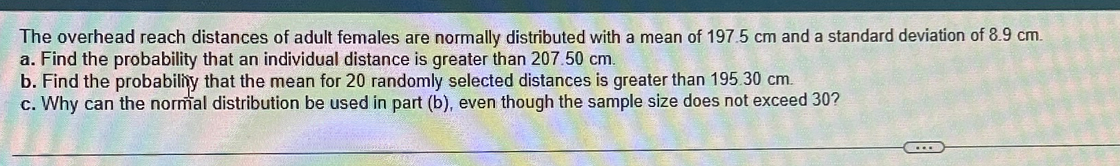 Solved The overhead reach distances of adult females are | Chegg.com