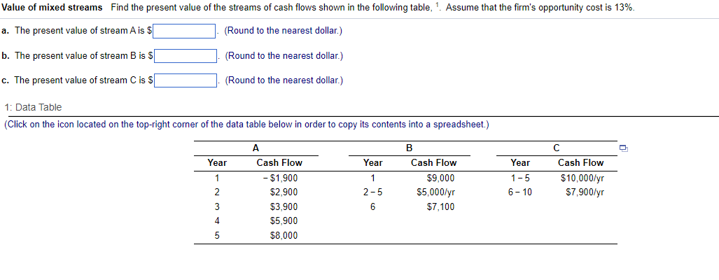 Solved Value of mixed streams Find the present value of the | Chegg.com
