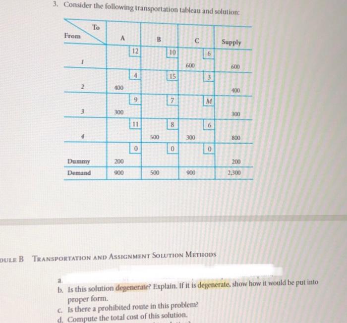 Solved 3. Consider the following transportation tableau and | Chegg.com
