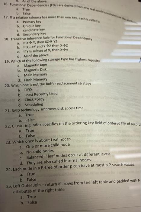 Solved of the above 16. Functional Dependencies (FDs) are | Chegg.com