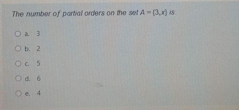 Solved The number of partial orders on the set A = {3,x} is: | Chegg.com