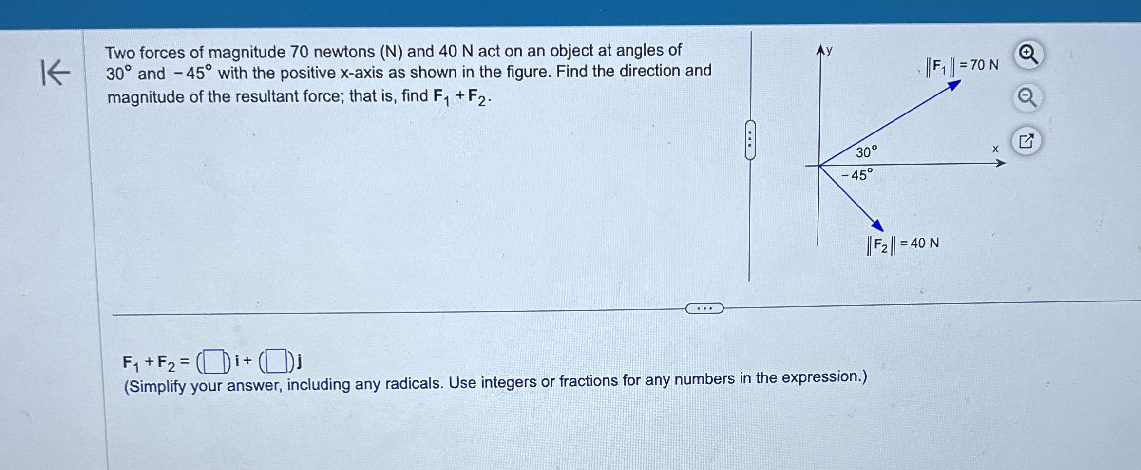 Solved Two forces of magnitude 70 ﻿newtons ) ﻿and 40 ﻿N act | Chegg.com