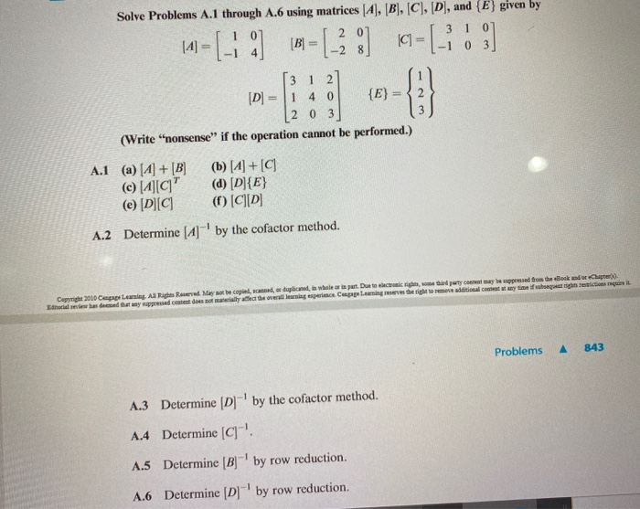 Solved Solve Problems A.1 through A.6 using matrices [4], B, | Chegg.com
