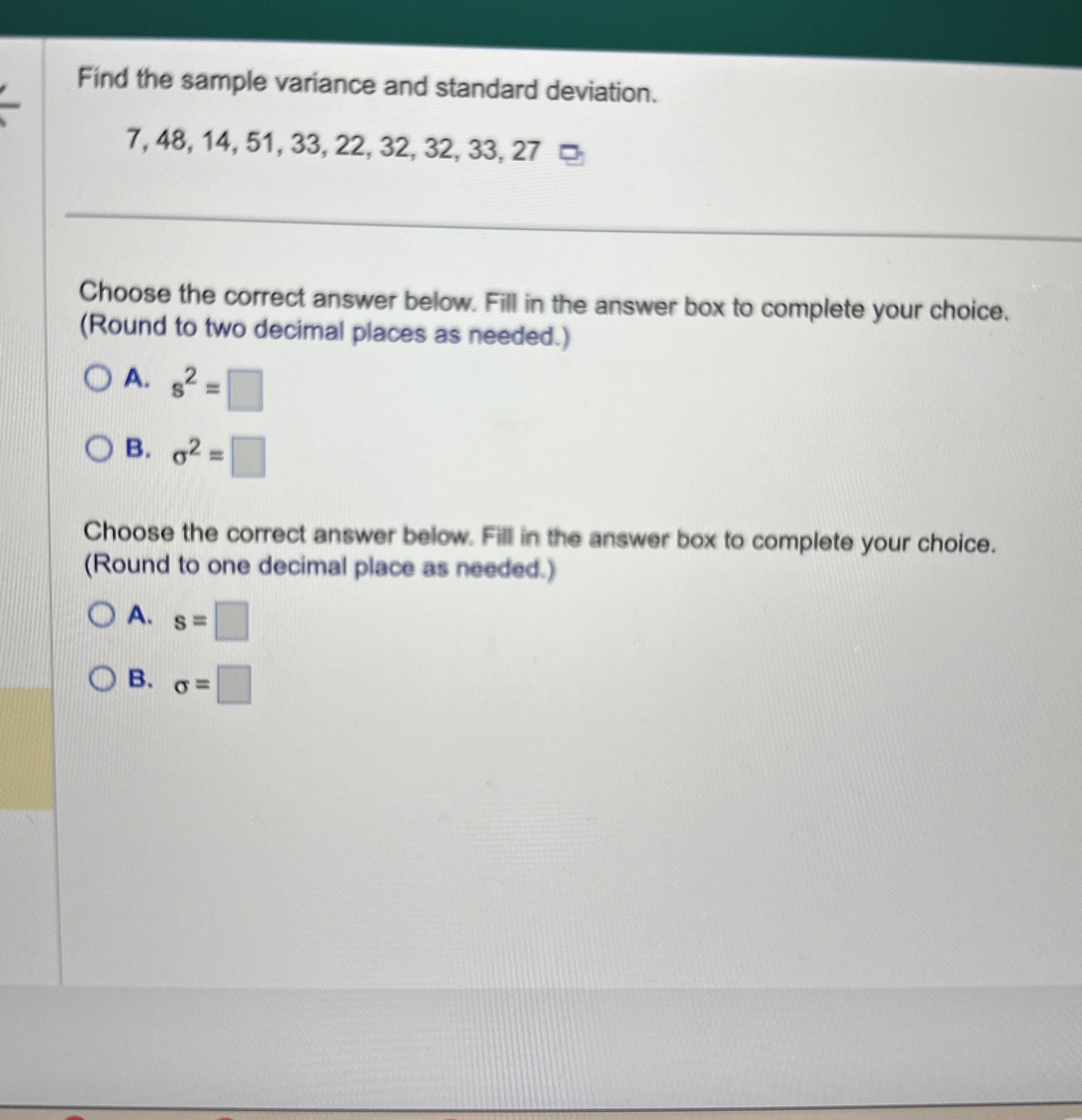 Solved Find the sample variance and standard | Chegg.com
