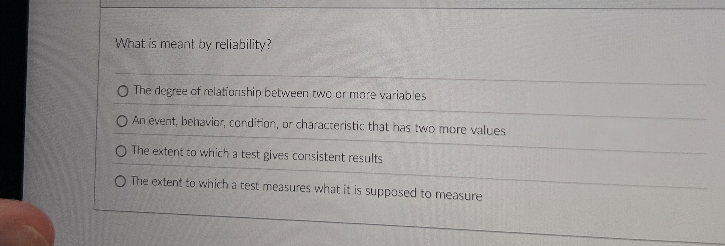 Solved What is meant by reliability?The degree of | Chegg.com