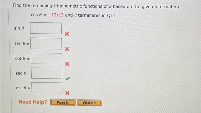 Solved Find the remaining trigonometric functions of θ based | Chegg.com