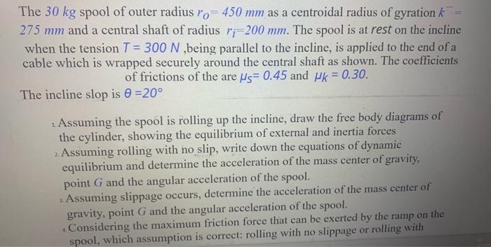 Solved The 30 kg spool of outer radius ro= 450 mm as a | Chegg.com