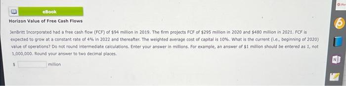 Solved Horizon Value of Free Cash Flows JenBritt | Chegg.com