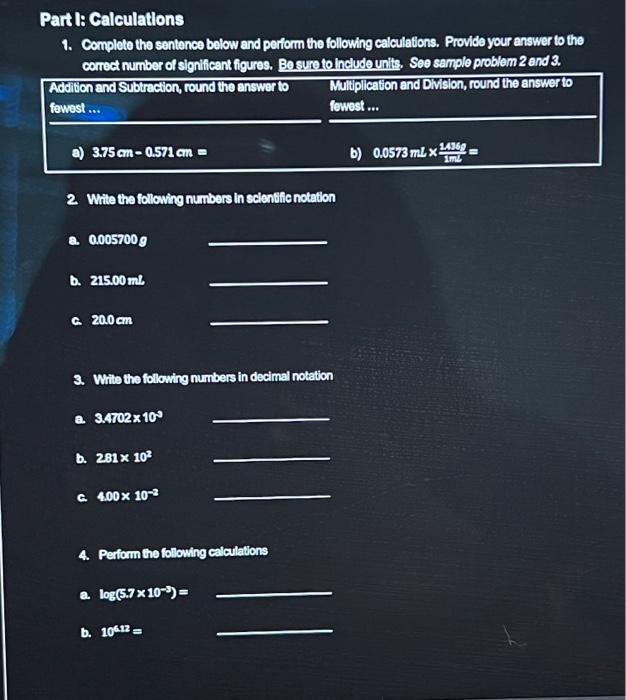 Solved Part I: Calculations 1. Complete the sentence below | Chegg.com