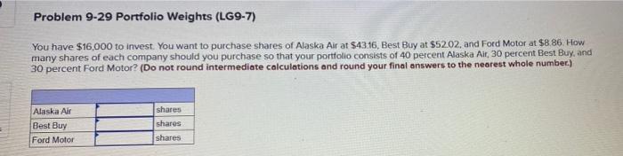 Solved Problem 9-29 Portfolio Weights (LG9-7) You have | Chegg.com Solved Problem 9-29 Portfolio Weights (LG9-7) You have | Chegg.com