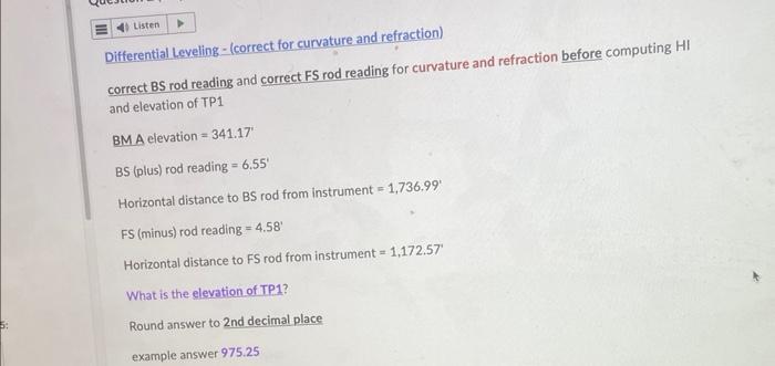 Solved Differential Leveling - (correct for curvature and | Chegg.com