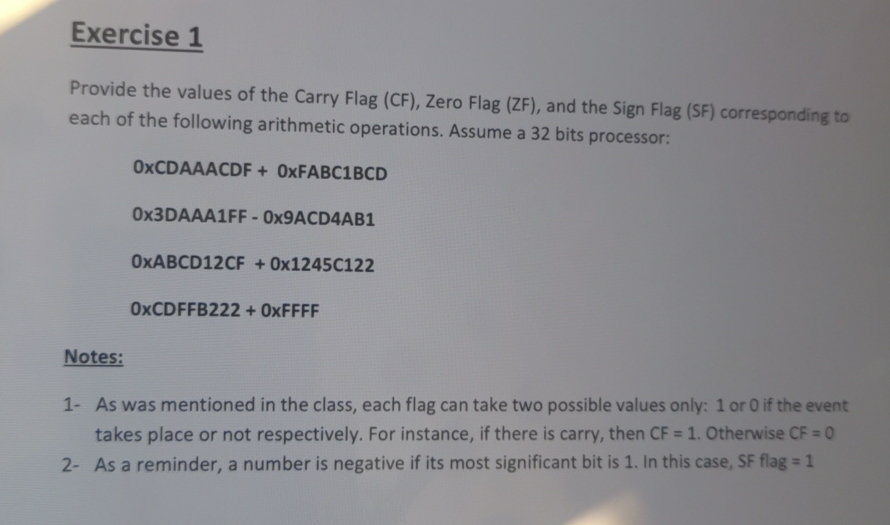Solved Exercise 1Provide the values of the Carry Flag (CF), | Chegg.com