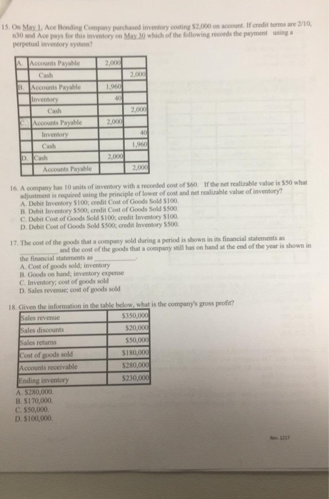 Solved 15. On May. . Ace Bonding Company purchased inventory | Chegg.com