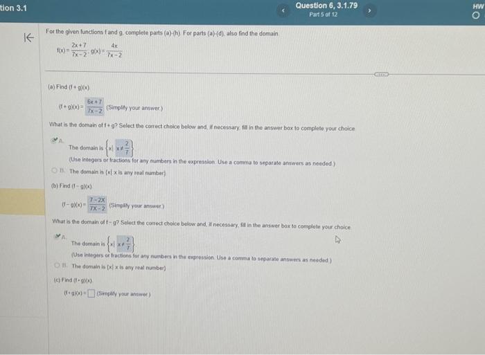 Solved For the given functions f and g, complele parts | Chegg.com