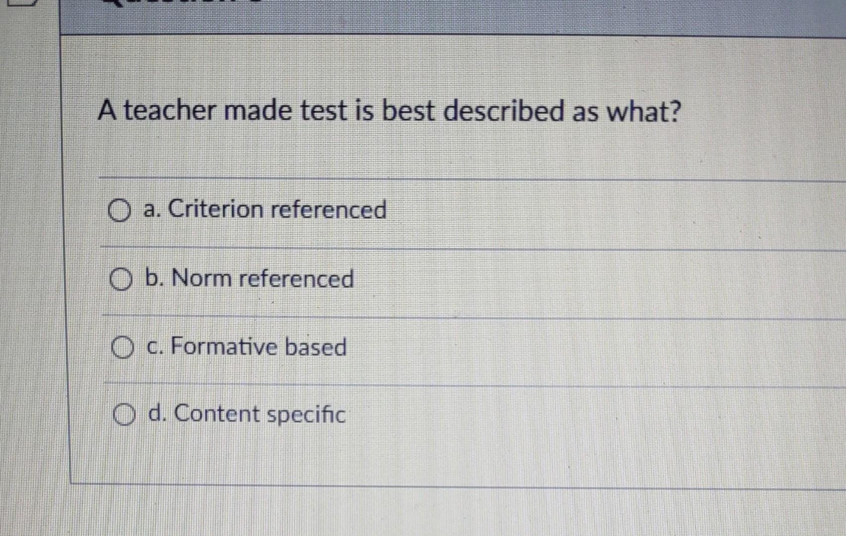 Solved A teacher made test is best described as what? a. | Chegg.com