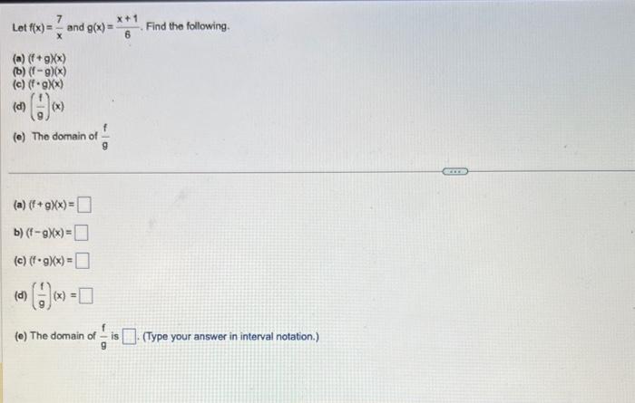Solved Let f(x)=x7 and g(x)=6x+1. Find the following. (a) | Chegg.com