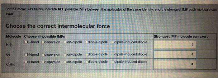 Solved For the molecules below, indicate ALL possible IMFs | Chegg.com