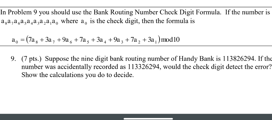 Solved In Problem 9 you should use the Bank Routing Number | Chegg.com