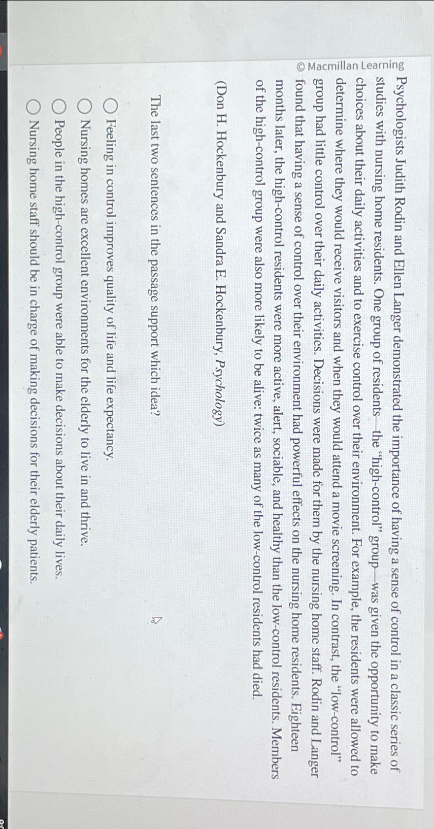 Solved Psychologists Judith Rodin and Ellen Langer | Chegg.com