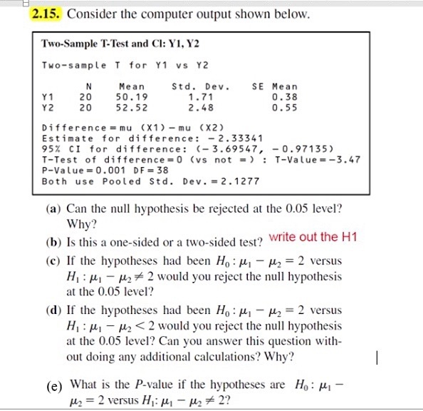 Solved 2.15. Consider the computer output shown below. Y1 | Chegg.com